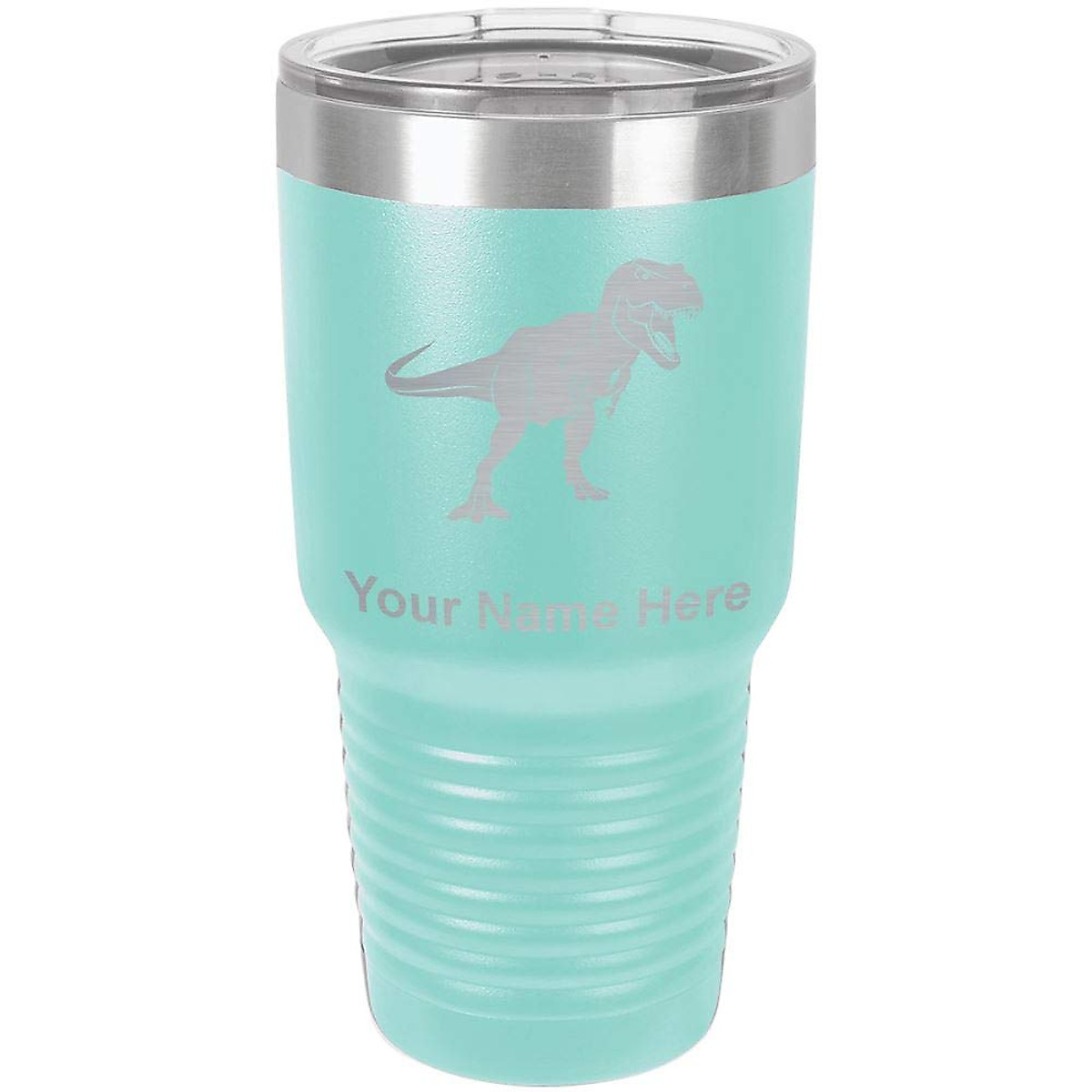 LaserGram 30oz Vacuum Insulated Tumbler Mug, Tyrannosaurus Rex Dinosaur, Personalized Engraving Included (Teal)