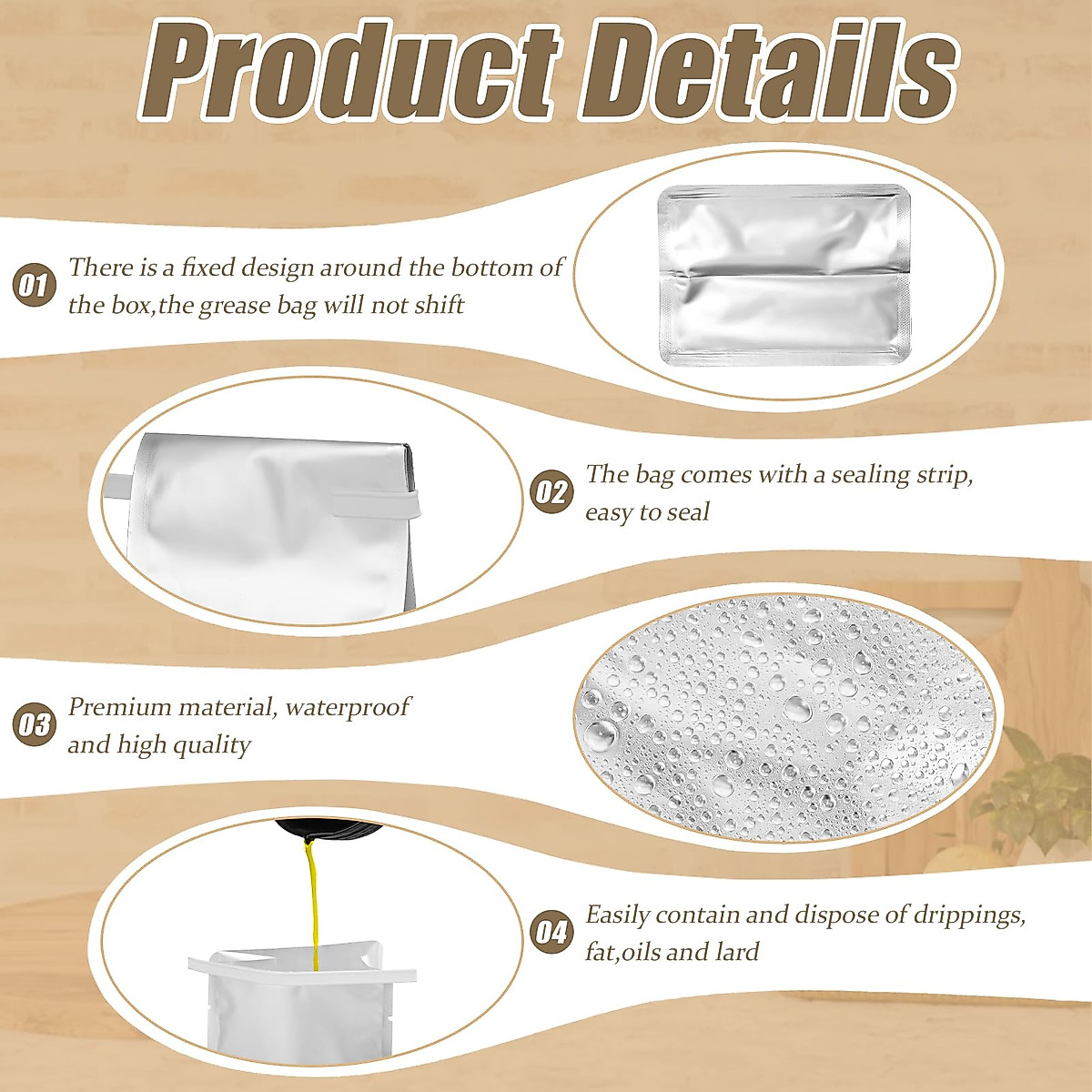 Droutti 20 Pcs Disposable Grease Storage Bags 11/9 inch Foil Grease Disposal Container Food Storage Bags with Sealing Strips Replacement Grease Bags for Kitchen Cooking Hot Liquids Oils, silver