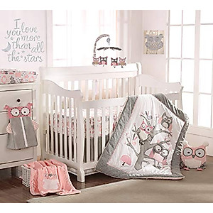 Levtex Baby - Night Owl Pink Crib Bed Set - Baby Nursery Set - Pink, Grey, White - Owls in a Tree - 5 Piece Set Includes Quilt, Fitted Sheet, Diaper Stacker, Wall Decal & Crib Skirt/Dust Ruffle