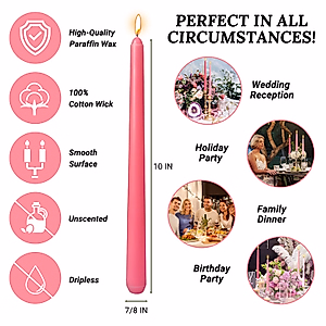 10 Inch Gradient-Pink Taper Candles, 4 Packs Unscented Candlesticks for Dinner, Wedding, Valentine’s Day and Home Decoration, Dripless and Smokeless, 8-10 Hours Burn