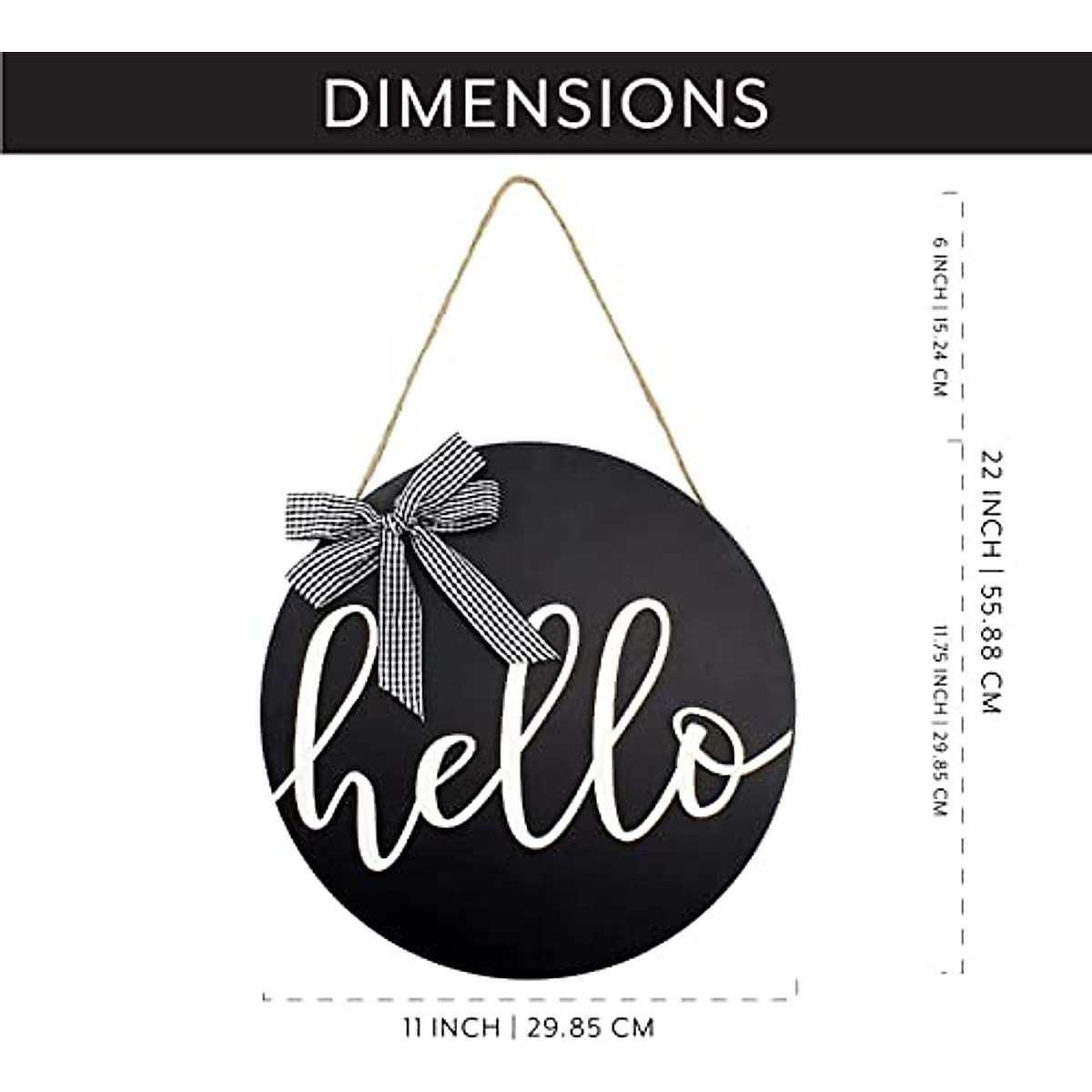 AuldHome Rustic Hello Door Hanger (12-Inch): Round Wood Plaque with Checkered Bow