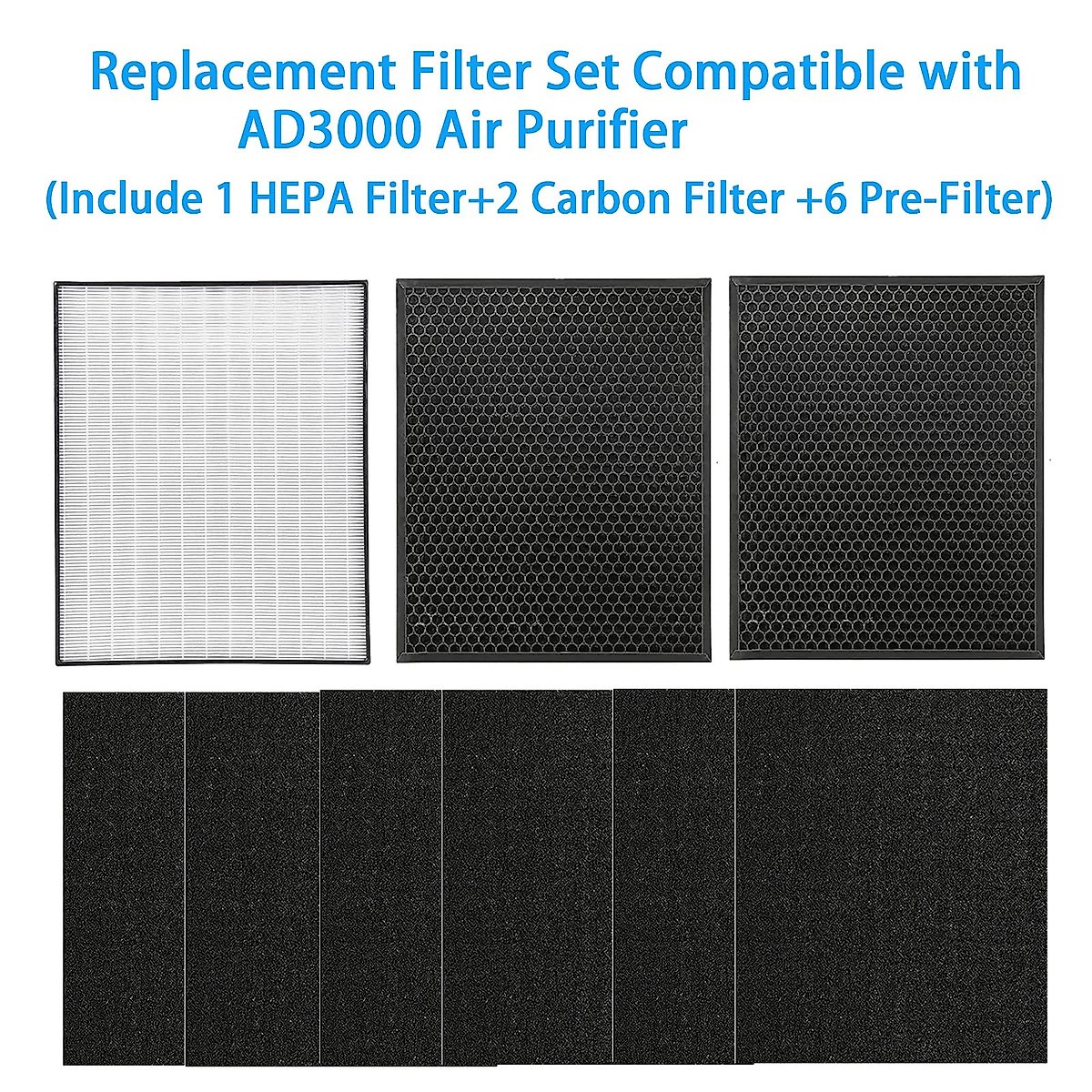 Bibolic AD3000 Replacement Filter Kit Fit for Series Air Purifier, Includes 1 True HEPA Filter, 2 Carbon Filters and 6 Extra Pre-Filters, Part ADF3001 ADF3002 + Pre-Filter