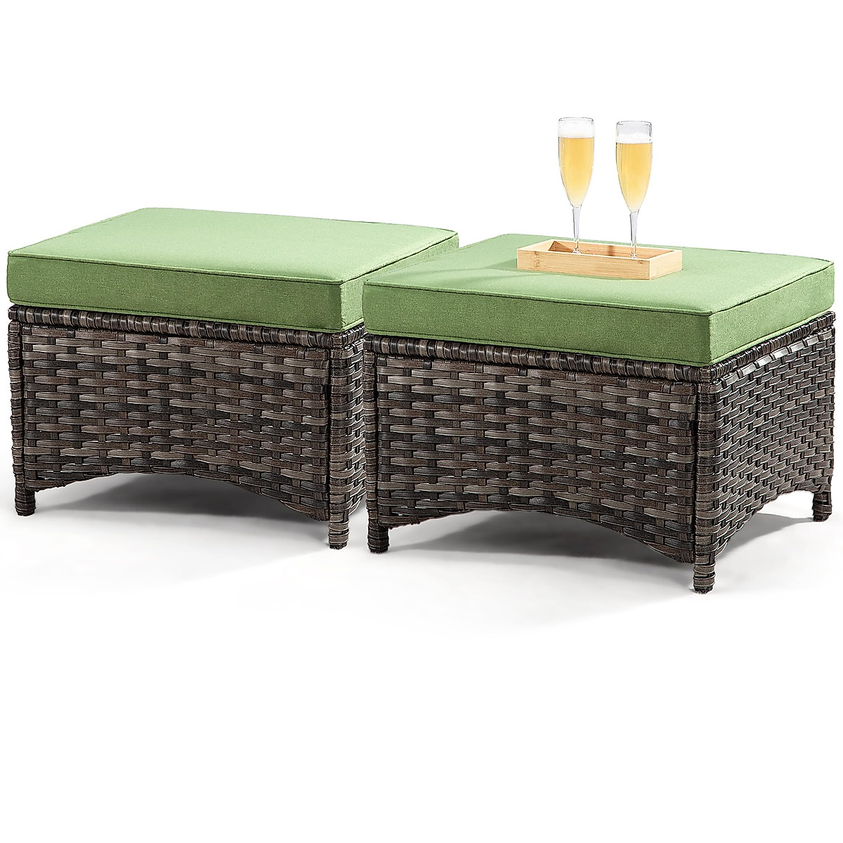 MeetLeisure Outdoor Ottomans for Patio Set of 2 PE Wicker Steel Frame Outdoor Footstool with Removable Olefin Cushions for Patio, Backyard and Deck,Green