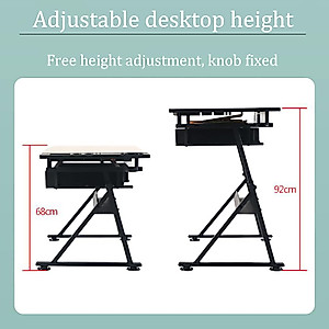 EESHHA Drawing Table Adjustable Height Drafting Desk/Tiltable Glass Tabletop Drawing Table with 2 Storage Drawers and One Side, for Reading, Writing Art Craft W/Stool, 90 * 60 * 78-93CM