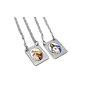 Scapulars Catholic I Sacred Heart of Jesus & Our Lady of Mount Carmel Medals I Stainless Steel Scapular Necklace for Women & Men - 14 Inch I Catholic Religious Necklace - Colored Icons