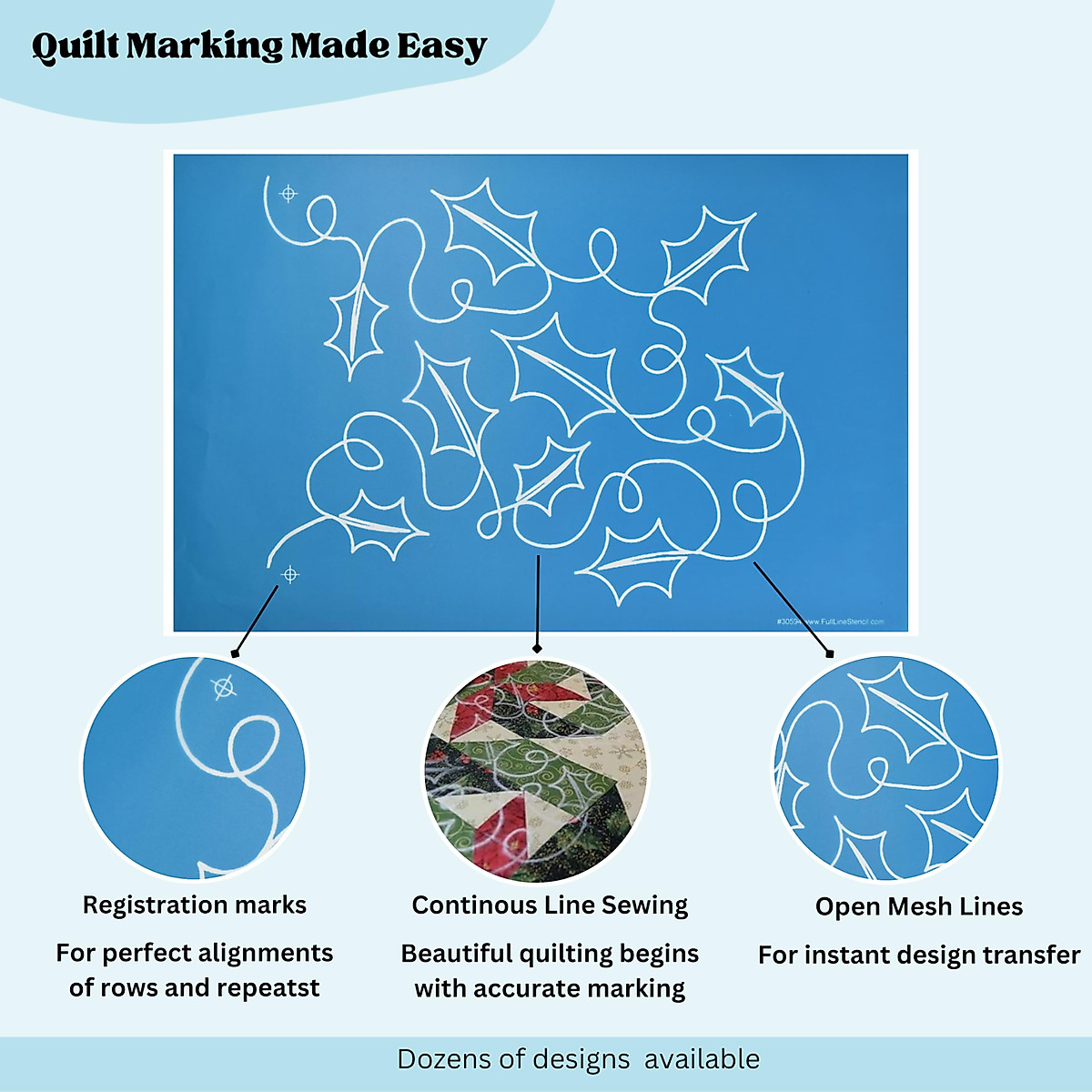 Full Line Stencil - Holly Background Large - Edge to Edge Stencil, Continuous Line Template for Free Motion Quilting, Domestic Machine Quilting, Hand Quilting, Long-Arm Quilting (30594)
