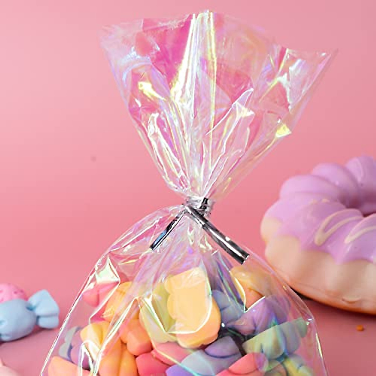 100pcs Cellophane Treat Bags, 4"x6" Iridescent Holographic Goodie Bags, Candy Bags Party Favors Bags with Twist Ties for Birthday Wedding Halloween Christmas, Valentines (4 x 6 inches (Pack of 100))