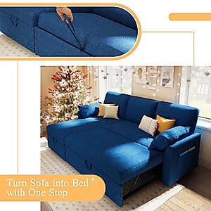 VanAcc Sofa Bed, Sleeper Sofa with Storage Chaise- 2 in 1 Pull Out Couch Sofa for Home Office, Living Room, Comfy Sofa Sleeper, Blue Linen Couch