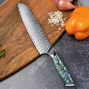 SENKEN Damascus Steel 7" Japanese Santoku Knife with Real Deep-Sea Abalone Shell Handle - Umi Collection - 67-Layer Japanese VG10 Forged Steel Blade, Integrated Full-Tang Molding (7" Santoku Knife)