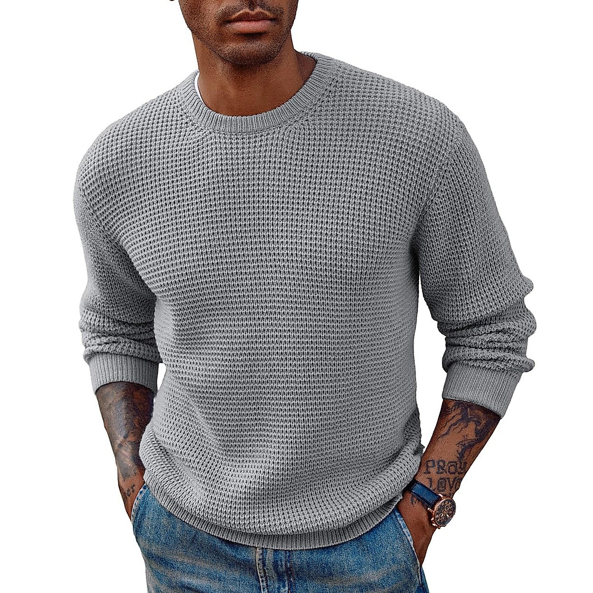 PJ PAUL JONES Crew Neck Sweater for Men Cable Knit Waffle Pullover Thermal Sweaters Grey XXL