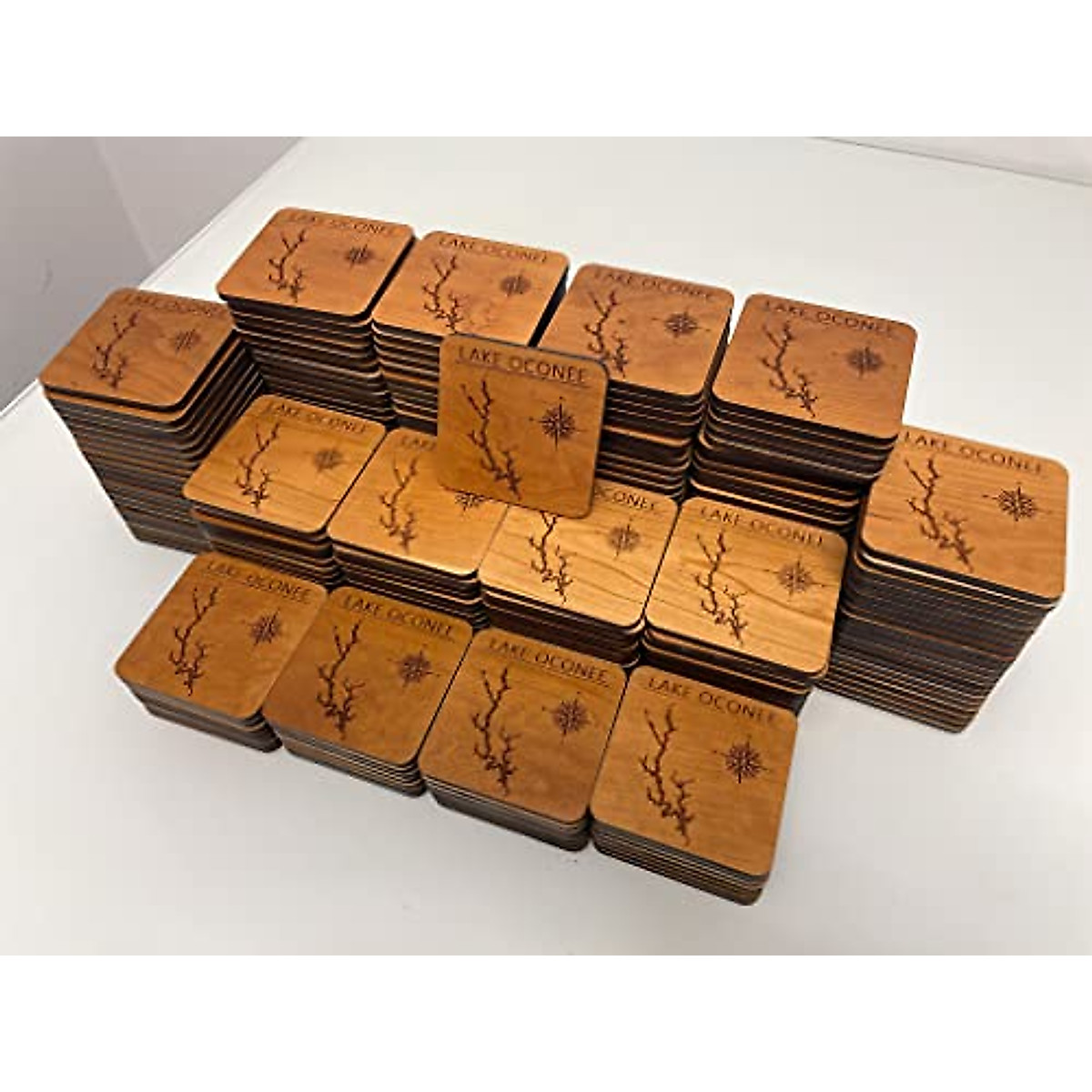 Custom Lake Map Square Wood Coasters - ANY LAKE! sets of 4, 6, 8- lake house décor Laser Engraved