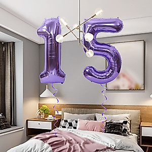 Maigendoo Jumbo 15 Number Balloon 40 Inch Large Digit Balloons Huge Helium Balloon Foil Mylar Balloon with Swirl Decorations for 15th Birthday Party Graduation Celebration Anniversary Event, Purple