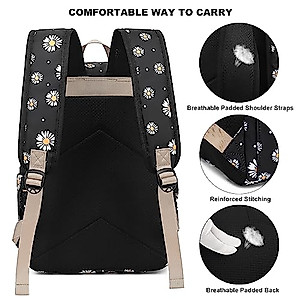 Kouxunt Daisy Laptop Backpack for Women Girls, 15.6 inch College School Backpacks Travel Casual Daypack (Black)