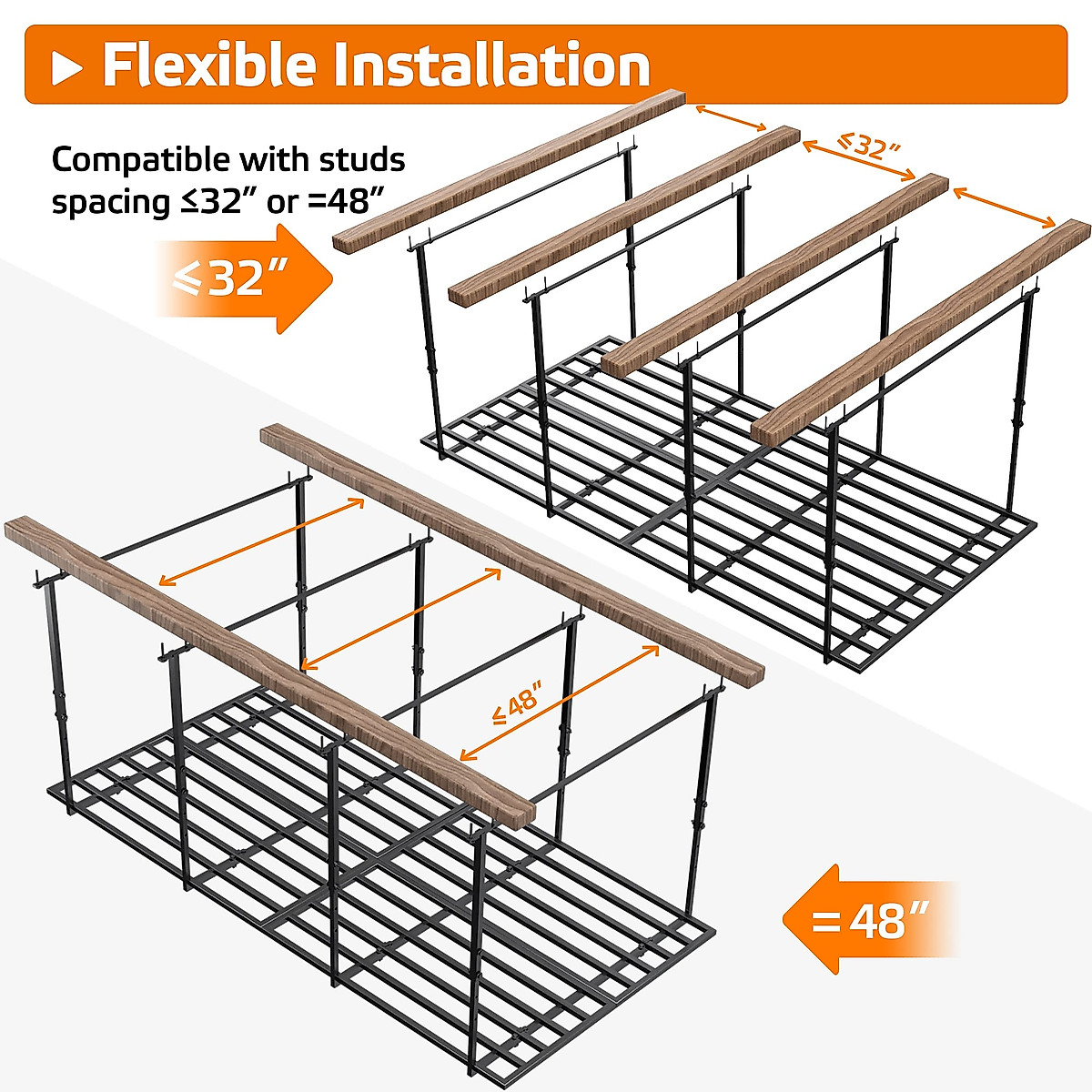ORASANT 8x4FT Overhead Garage Storage Rack, Adjustable Ceiling Garage Rack With Flexible Studs Spacing, Heavy Duty Gauge Steel, Easy Installation, 96" Length x 48" Width