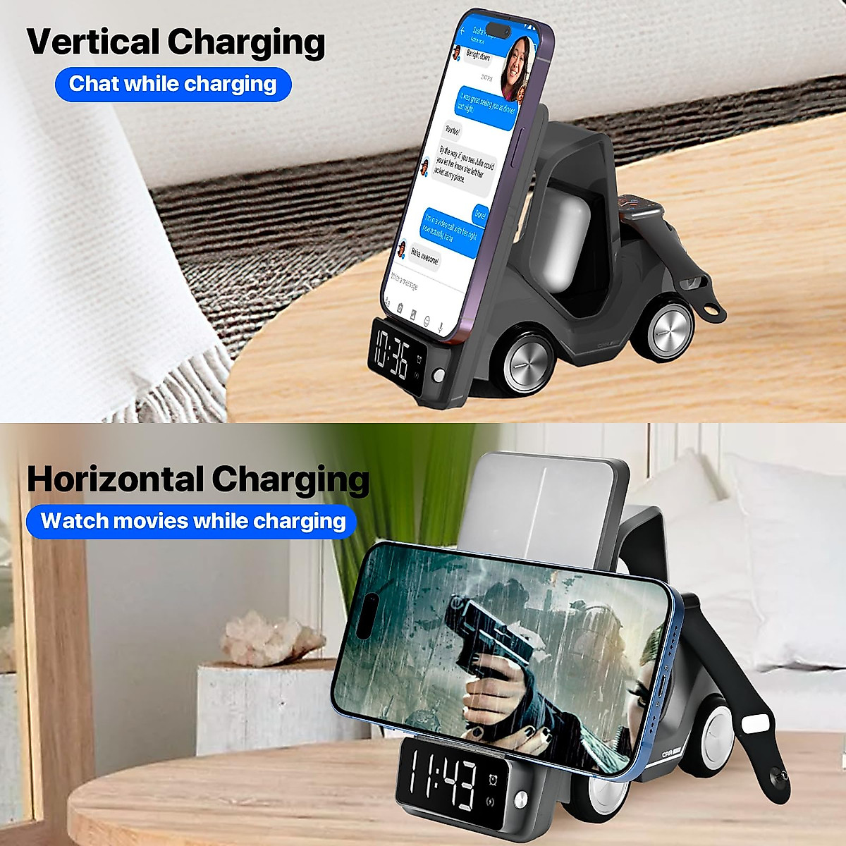 Diecallan 5 in 1 Wireless Charging Station 20W Adapter Fast Wireless Charging Apple Devices for iPhone 15/14/13/12 Series for AirPods Pro/3/2,for Apple Watch/iWatch Support Alarm Clock Light（Grey）