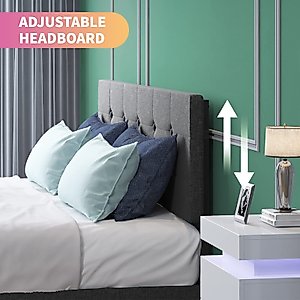 Mixoy Upholstered Platform Bed Frame with 4 Storage Drawers,Cal King Bed Frame with Square Button Tufted Adjustable Headboard, Wood Slat Support,No Box Spring Needed,No Mattress (Cal King,Dark Grey)