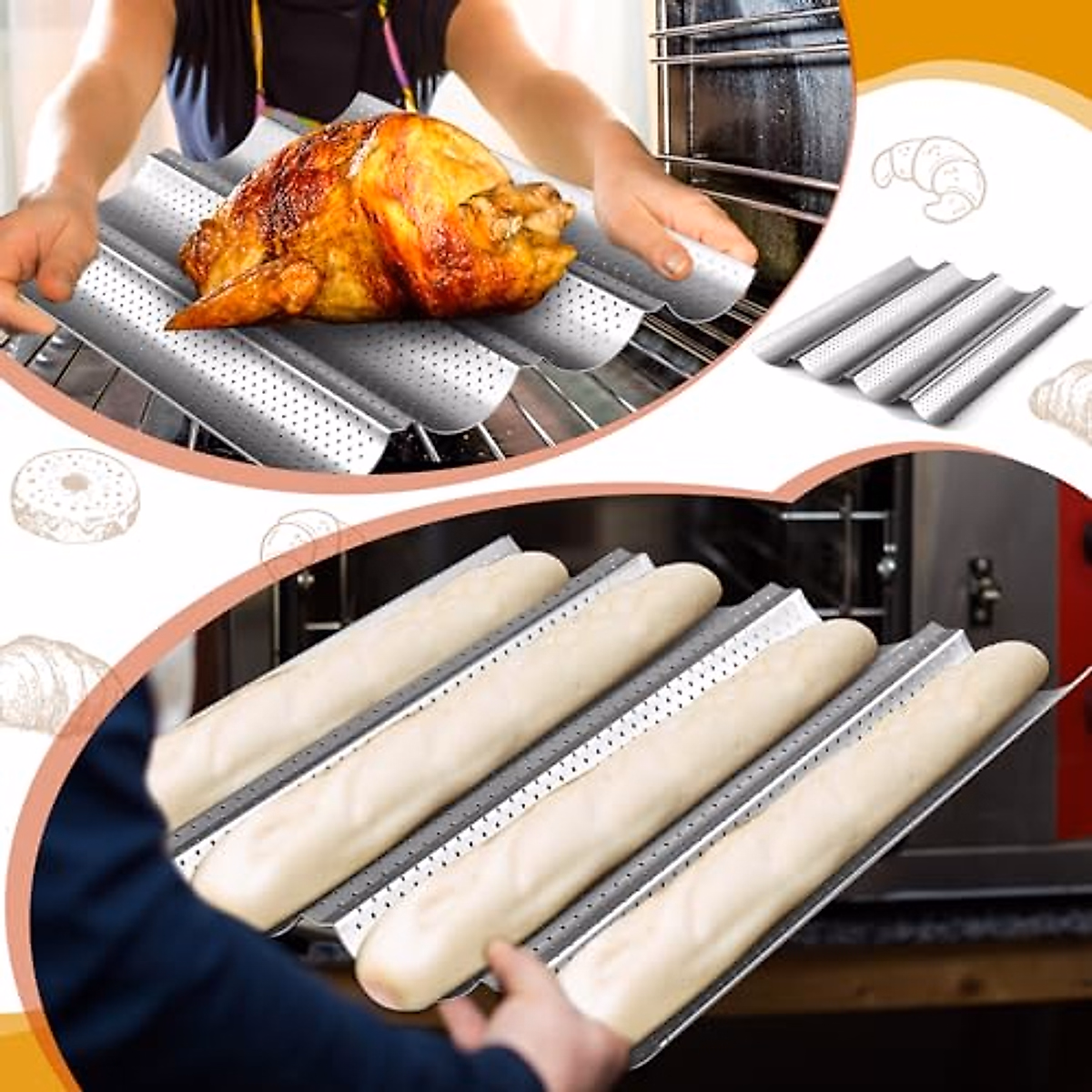 Mifoci 6 Pcs Non Stick Baguette Pan 15" x 13" Bread Pan Carbon Steel Mold Perforated 4 Wave Loaves Loaf Oven Tray for Sourdough French Bread Baking(Silver)