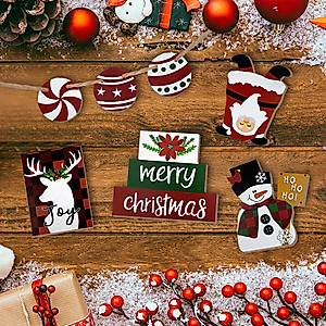 Guoofu Christmas Tiered Tray Decor, Farmhouse Xmas Santa Claus Snowman Tray Decorations Set, Red Buffalo Plaid Elk Candy Wooden Signs, Winter Holiday Home Decor for Tabletop Shelf Mantel