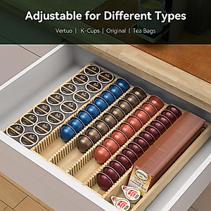 WELL WENG Larger Expandable Bamboo Organizer Holder for Counter Drawer Insert - Compatible with Nespresso Vertuo Capsules - Tea Bags Storage (Natural)