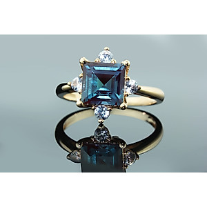 Heartland By Beverley Mitchell 10K Rose Gold 7mm Square Cut Teal Lab-Created Alexandrite & Lab-Created White Sapphire Cathedral Statement Ring - Size 8