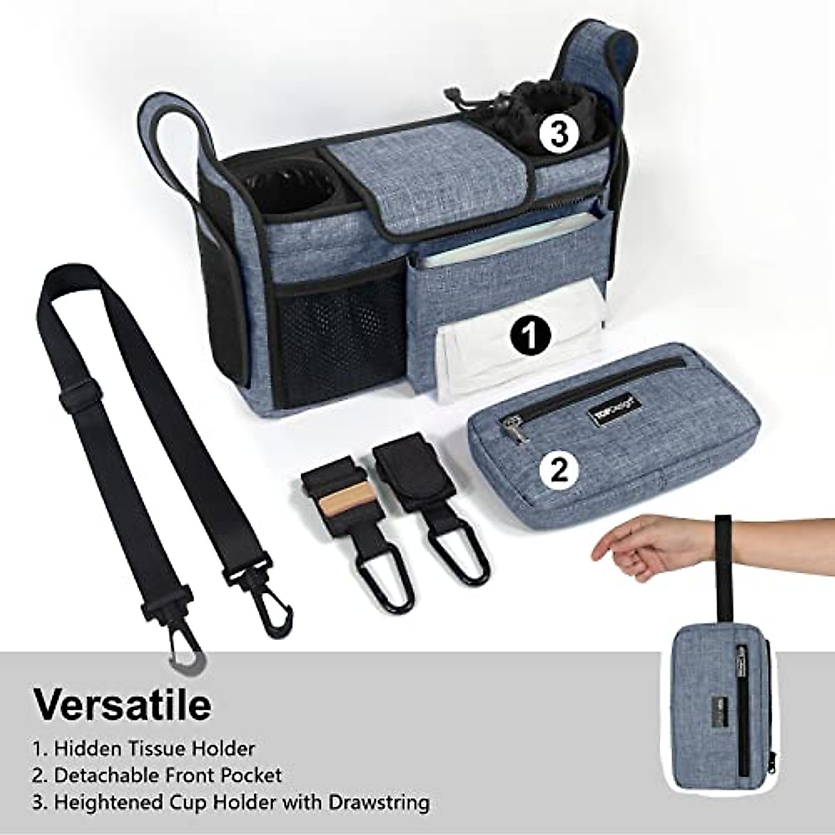 TOPDesign Universal Baby Stroller Organizer, Stroller Caddy with Heightened Insulated Cup Holders & Non-Slip Secure Hooks Accessories, Fits Most Strollers, Machine Washable (Blue)