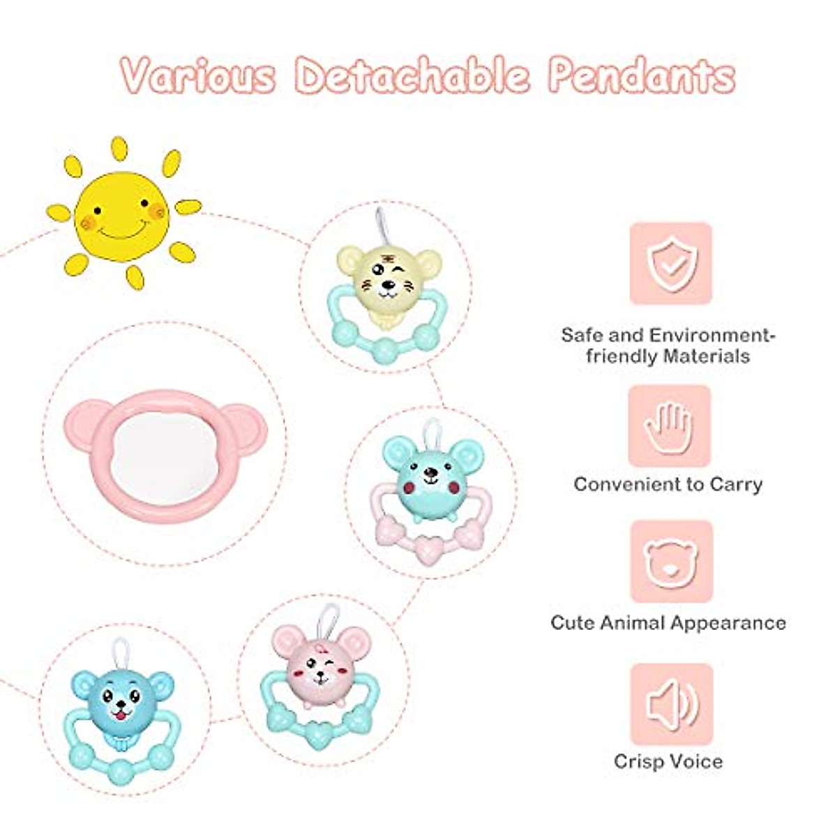 HONEY JOY Baby Play Mat, Kick & Play Piano Tummy Time Gym Fitness Playmat, 4 Rattle Pendants and 1 Mirror, Newborn Deluxe Music Activity Center for Toddler Infants (Pink)