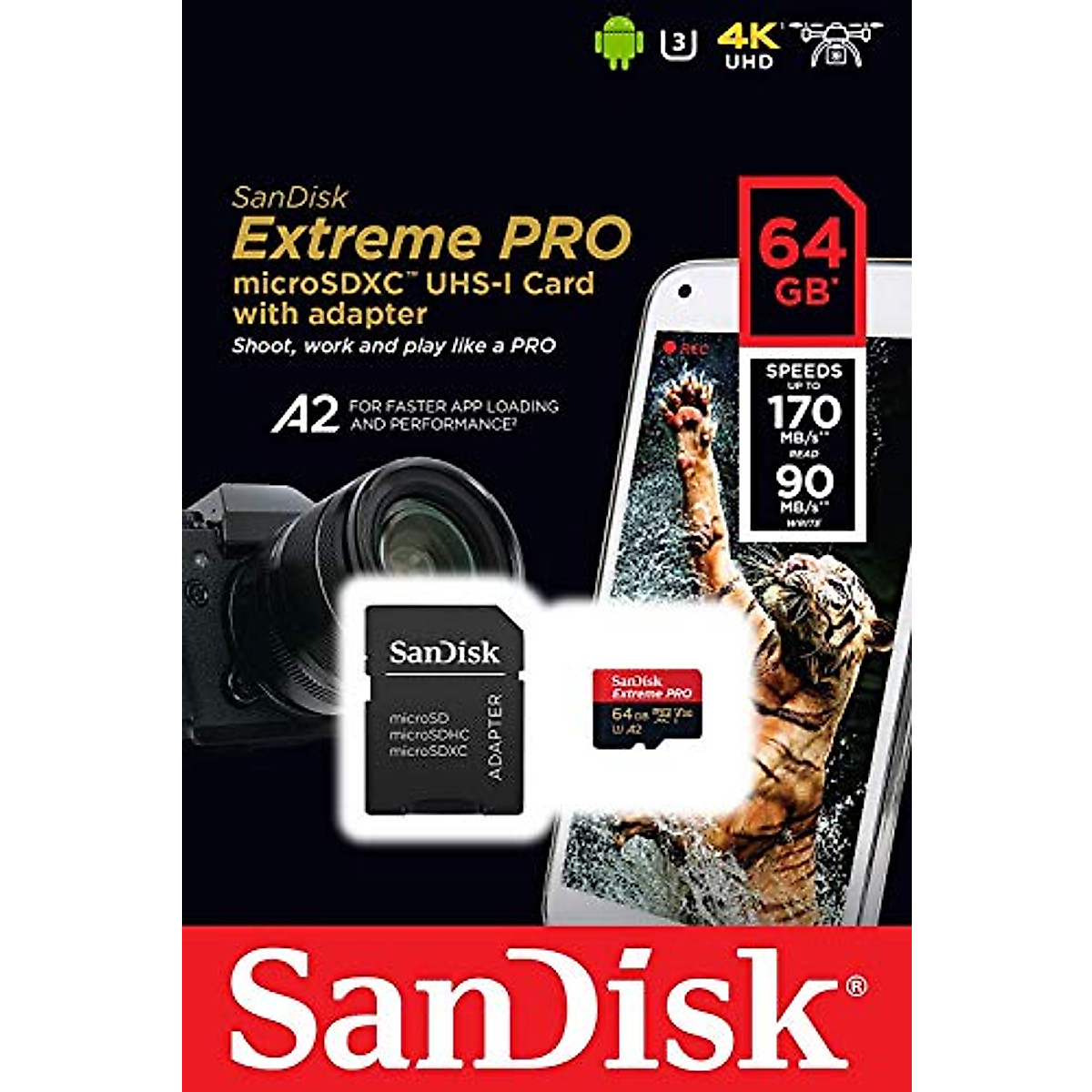 Sandisk 64GB Extreme Pro 4K Memory Card works with Samsung Galaxy S9, S9+, S8, S8 Plus, Note 8, S7, S7 Edge - UHS-1 V30 Micro (SDSQXCG-064G-GN6MA) with Everything But Stromboli (TM) Card Reader