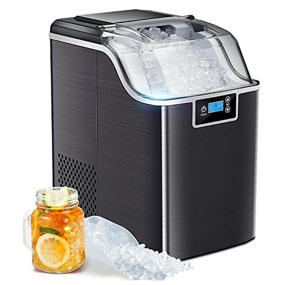 FREE VILLAGE Nugget Ice Maker Countertop, 44Lbs/24H Portable Ice Maker for Soft & Chewable Pellet Ice, Self-Cleaning & Quiet, Ice Machine with Ice Scoop & Basket for Home Office Bar Party-Black