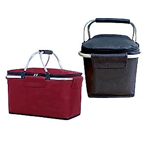 2 Pack Collapsible Insulated Picnic Basket Cooler with Handle & Zipper, H.lanlx Reusable Large Cooler Bag for Travel Shopping Camping. Black & Red 20L