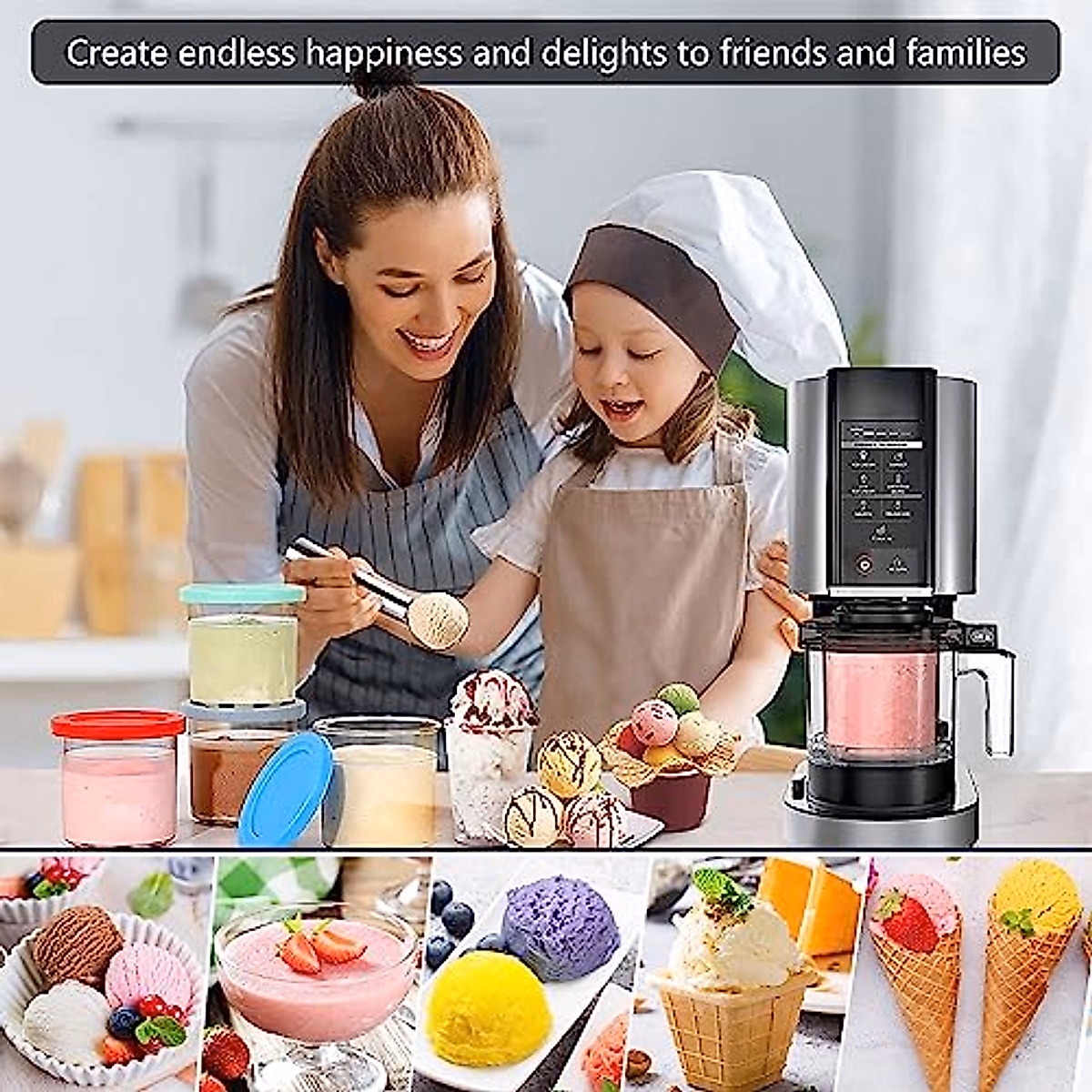 BBAUER Ice Cream Containers 4 Pack for Ninja Creami Pints and Lids,Compatible with NC301 NC300 NC299AMZ Series Ice Cream Maker,16oz Cup,with 4 PC Spoons,Dishwasher Safe,Pink/Green/Grey/Blue