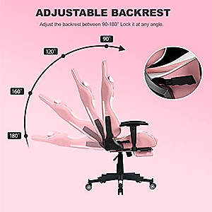 OHAHO Gaming Chair Racing Style Office Chair Adjustable Massage Lumbar Cushion Swivel Rocker Recliner Leather High Back Ergonomic Computer Desk Chair with Retractable Arms and Footrest (Pink/White)