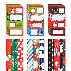 American Greetings 225 sq. ft. Christmas Wrapping Paper Set with Cut Lines, Santa, Stripes, Reindeer, Polka Dots and Snowmen (9 Rolls 30 in. x 10 ft., 60 Gift Tags)