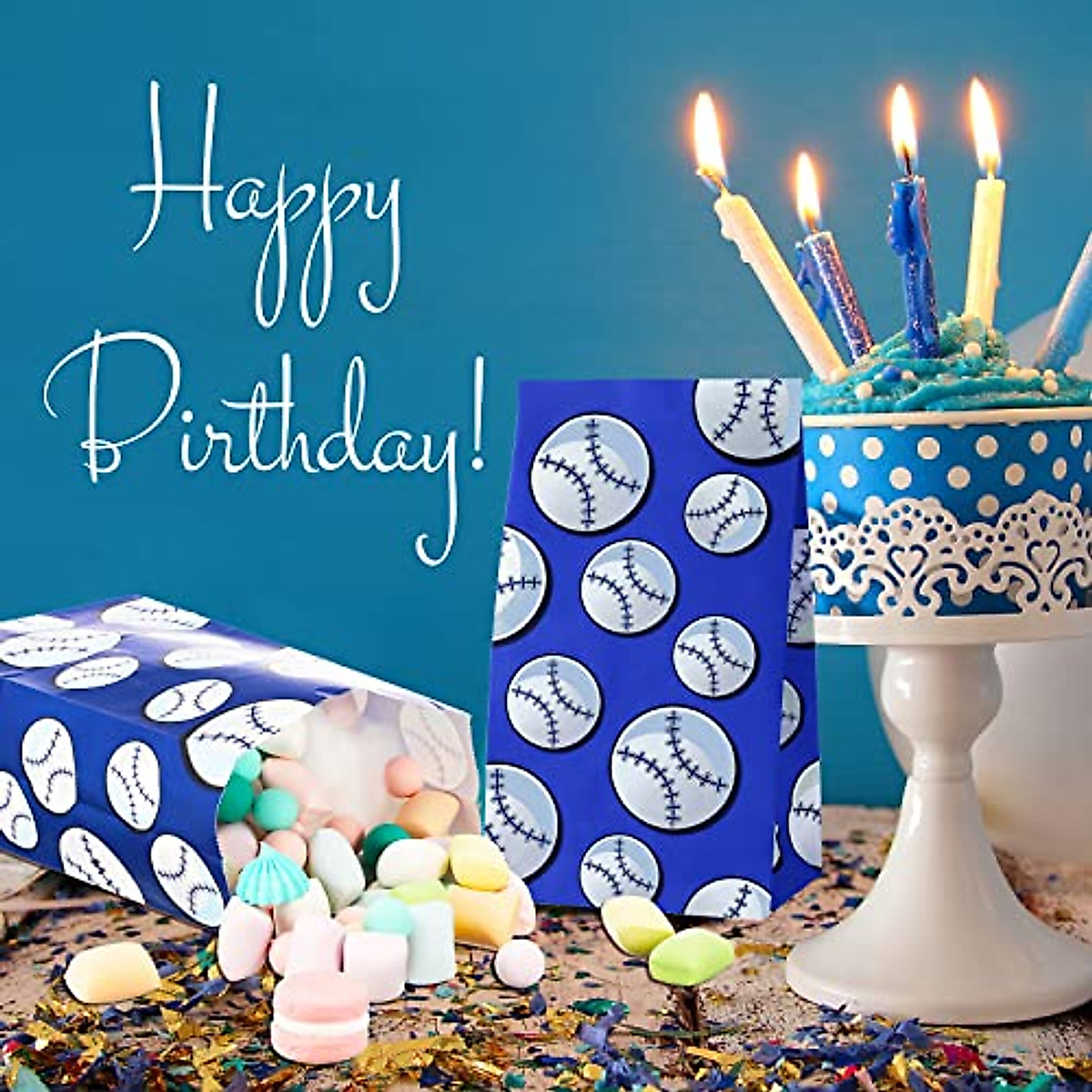 30 Pack Baseball Goodie Gift Bags Baseball Party Treat Favor Bags Blue Baseball Snack Paper Bags for Team Sports Theme Birthday Party Decor Game Celebration