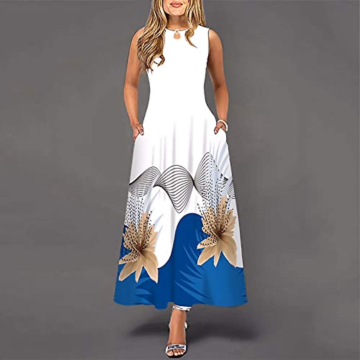 Women's Cocktail Dresses, Women's Dresses Casual Dress to Hide Tummy Sleeveless Bodycon Dresses for Women Casual Summer Printing Big Hem Dresswave Round Neck Long Dress Sun (L, Light Blue)