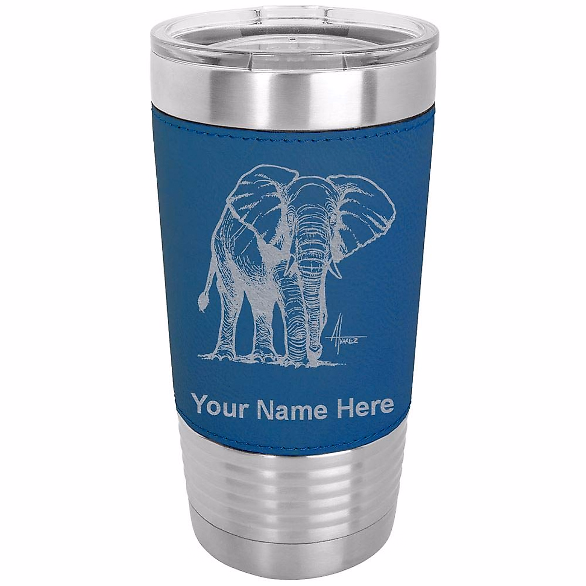 LaserGram 20oz Vacuum Insulated Tumbler Mug, African Elephant, Personalized Engraving Included (Faux Leather, Blue)