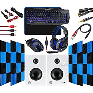 RitzGear Blue Gaming Accessories Kit I 4-in-1 LED Combo with Multimedia Keyboard, Optical Mouse, Mouse Pad & Headset with Adapter with CR3-X White Monitors and 24 Pack Acoustic Soundproof Wedge Panels