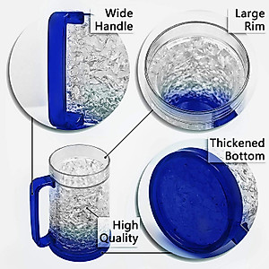 Patiomos Drinking Glasses Cups, Double Wall Gel Freezer Beer Mugs, Freezer Ice Mugs Cups, 16oz, Plastic Cooling Beer Mug Clear Set of 4 (2Blue and 2Black)