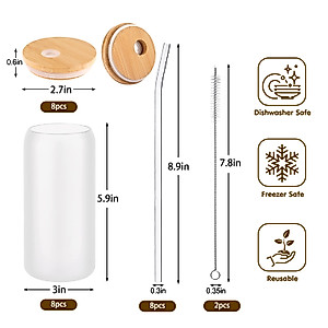 Moretoes 16oz Sublimation Glass Cups with Lids and Straws, Iced Coffee Cups, Reusable Drinking Glasses Set of 8