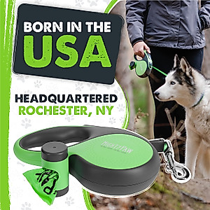 Mighty Paw Retractable Leash with Built-in Poop Bag Holder | 16' Long Retractable Dog Leash for Small Dogs, Medium Breeds & Large Pets with Tape for Quick Control. Poop Bags Included