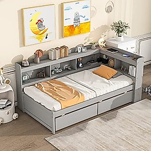 BIADNBZ Twin Size Platform Bed Daybed with L-Shaped Bookcases and 2 Drawers, Wooden Captain Bedframe w/Storage Headboard, for Kids Teens Adult, Bedroom/Living Room Furniture, Gray