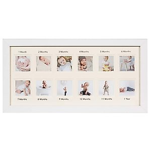 WOOD SIDE ORBIS First Year Newborn Baby Collage Keepsake Picture Frame for Photo Memories with Double Beige Mat and Twelve 2.5x2.5 Slots - White