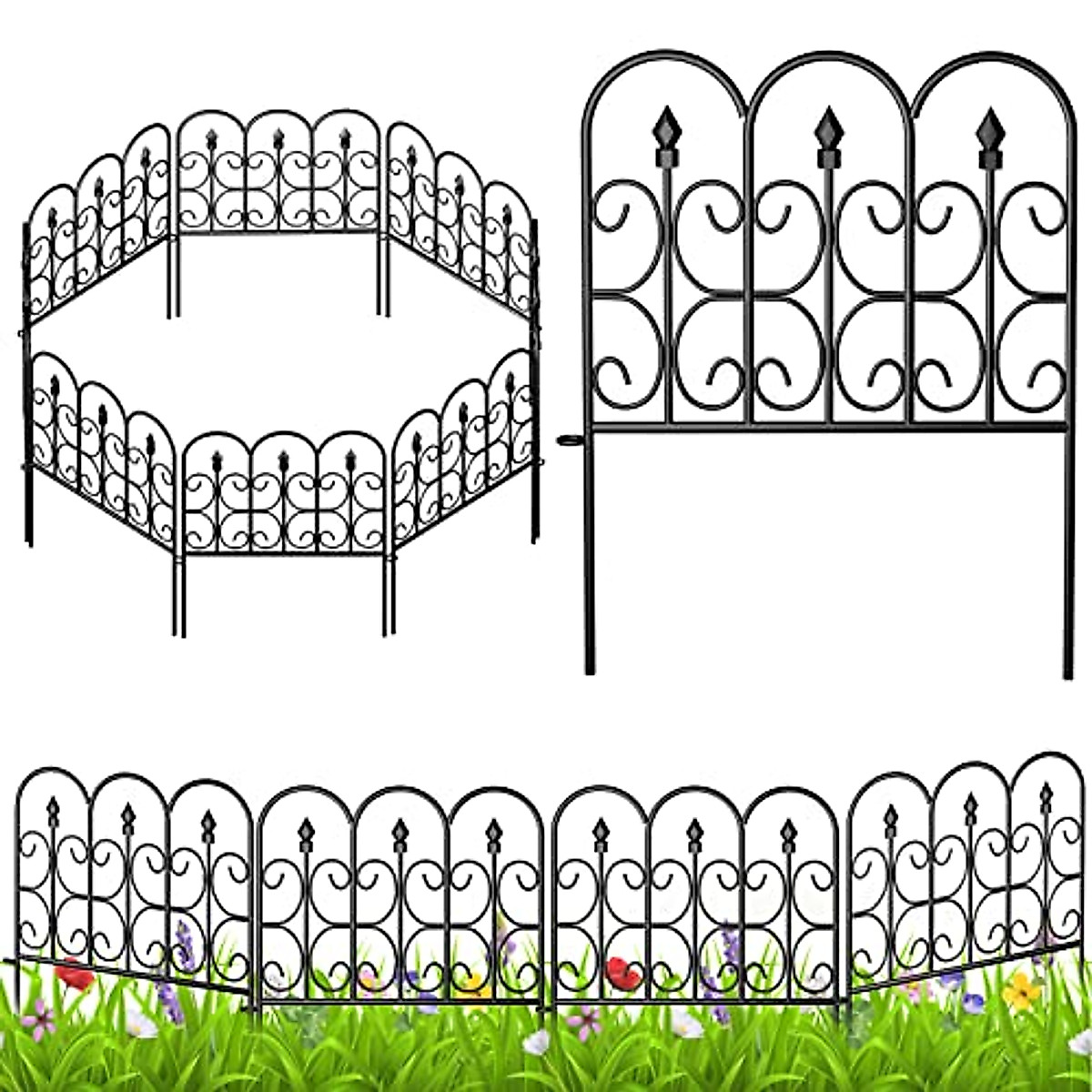 AMAGABELI GARDEN & HOME Decorative Garden Fence Fencing 32in x 10ft 5 Panels Outdoor Coated Metal Rustproof Landscape Wrought Iron Wire Border Folding Wire Flower Bed Barrier Black