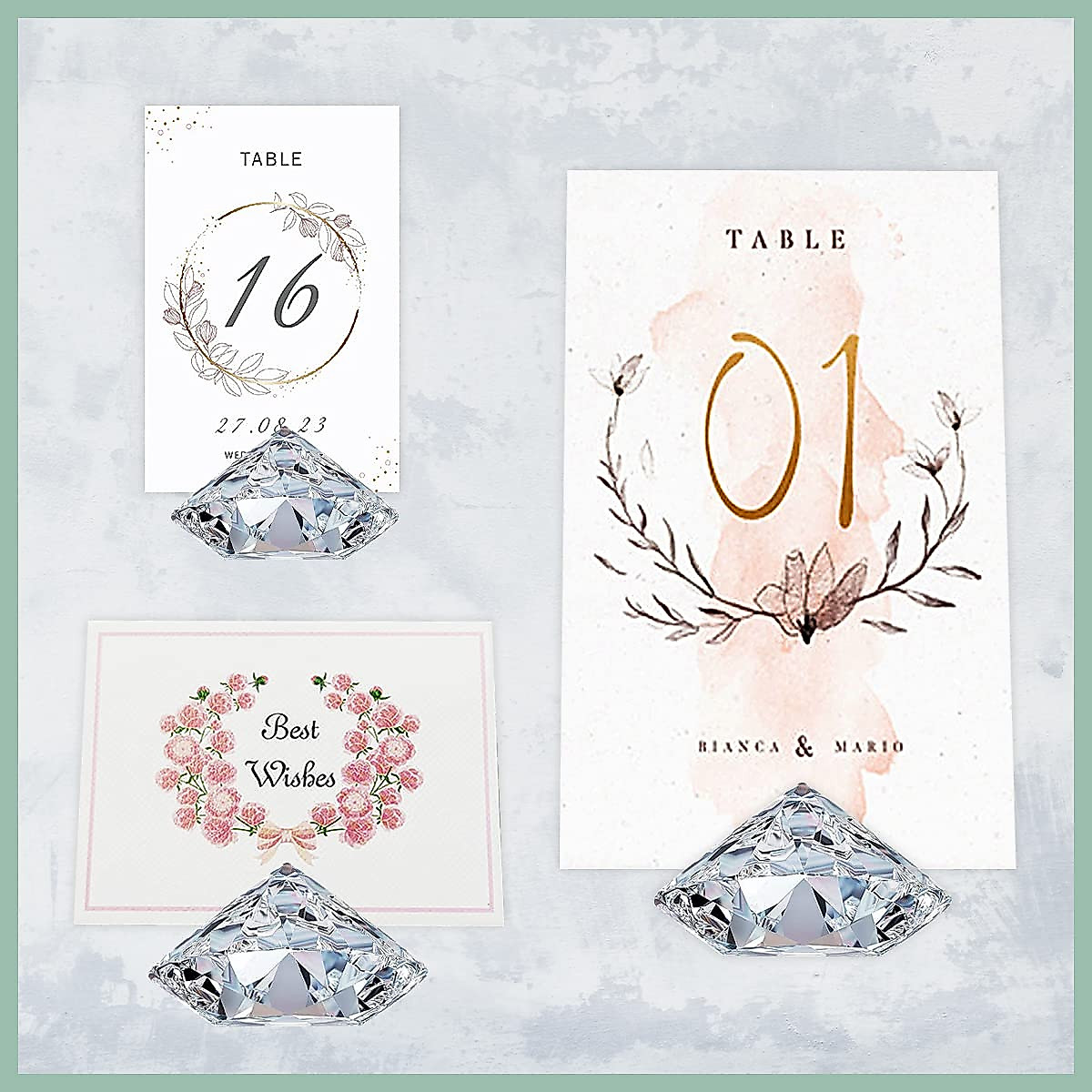 EDEVOLUTION 12 Pack Diamond Place Card Holders Stands, Sturdy Acrylic Table Numbers Card Holder, Crystal Harp-Clip Place Name Photo Card Holders for Party Wedding Table Decorations
