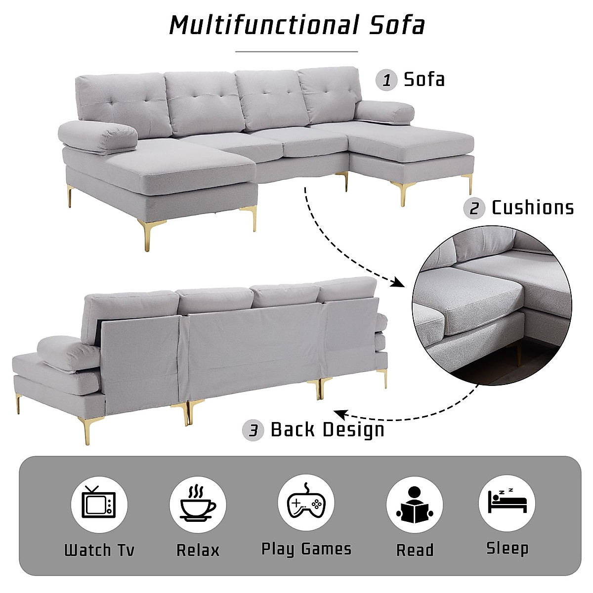 RXRRXY Modern 106'' U Shaped Sectional Couch, Oversized 4 Seater Sofa with Double Chaise, Sleeper Sofa with Chenille Fabric and Sturdy Metal Legs for Bedroom, Living Room, Apartment (Gray)