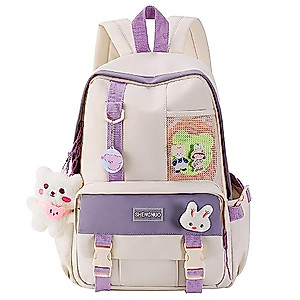Unineovo Kawaii School Backpack with Cute Pin and Accessories, Lightweight 14 inch Laptop Bag for Teens Girls, Cute School Backpack for Elementary School, Middle School, High School,College (Purple)