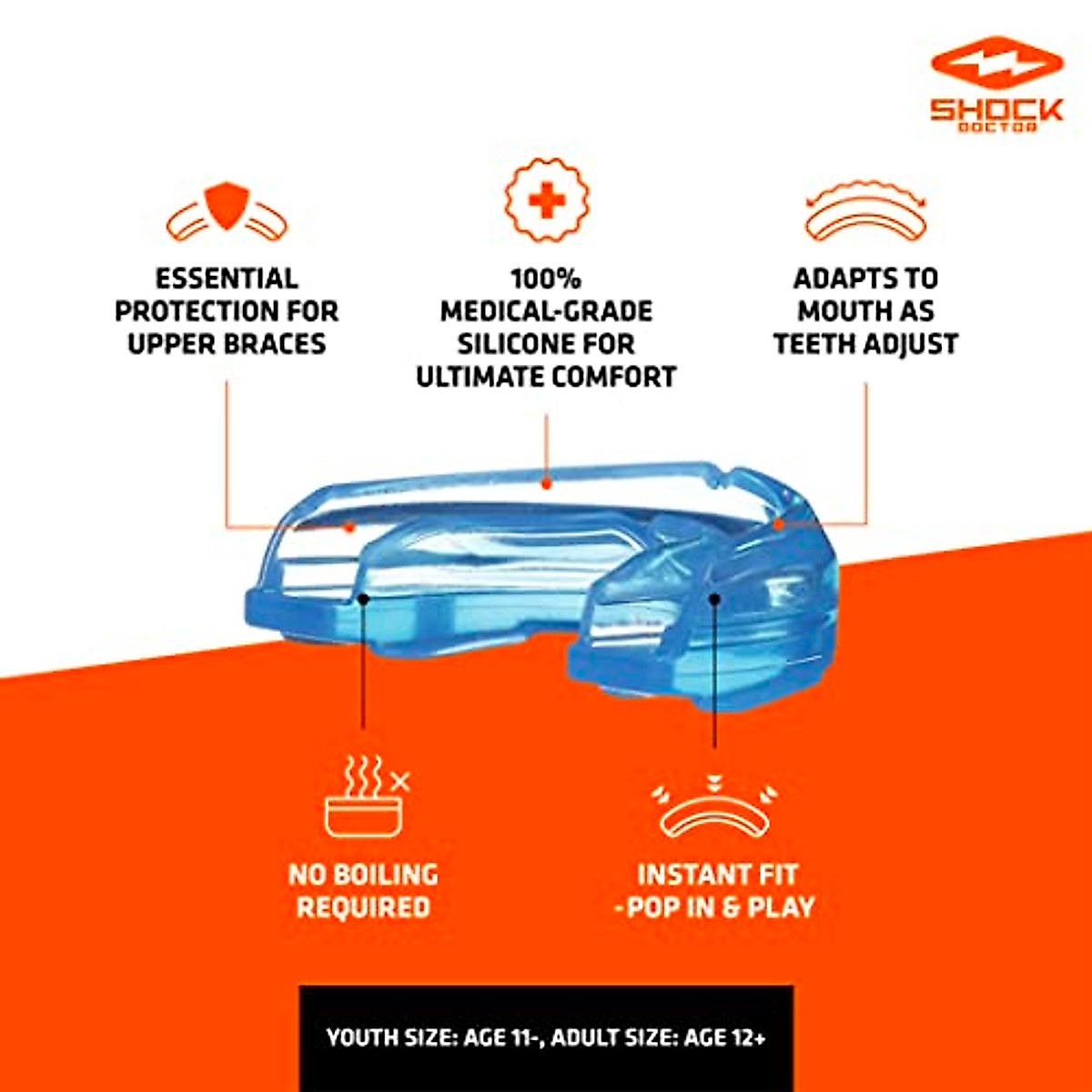 Shock Doctor Double Braces Mouth Guard, Full Protection, Instant Fit, Adult & Youth Sizes