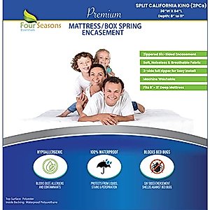 Split California King (2PC) Mattress or Box Spring Encasement (8"-11" Depth) Waterproof Zippered Protector Hypoallergenic Premium Bedbug Cover Protects from Dust White