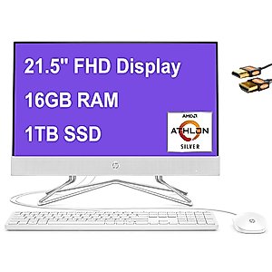 HP 22 All in One Desktop Computer 21.5" FHD Display AMD Athlon Silver 3050U 16GB RAM 1TB SSD DVD Keyboard and Mouse AMD Radeon Graphics Webcam Win 10 + HDMI Cable