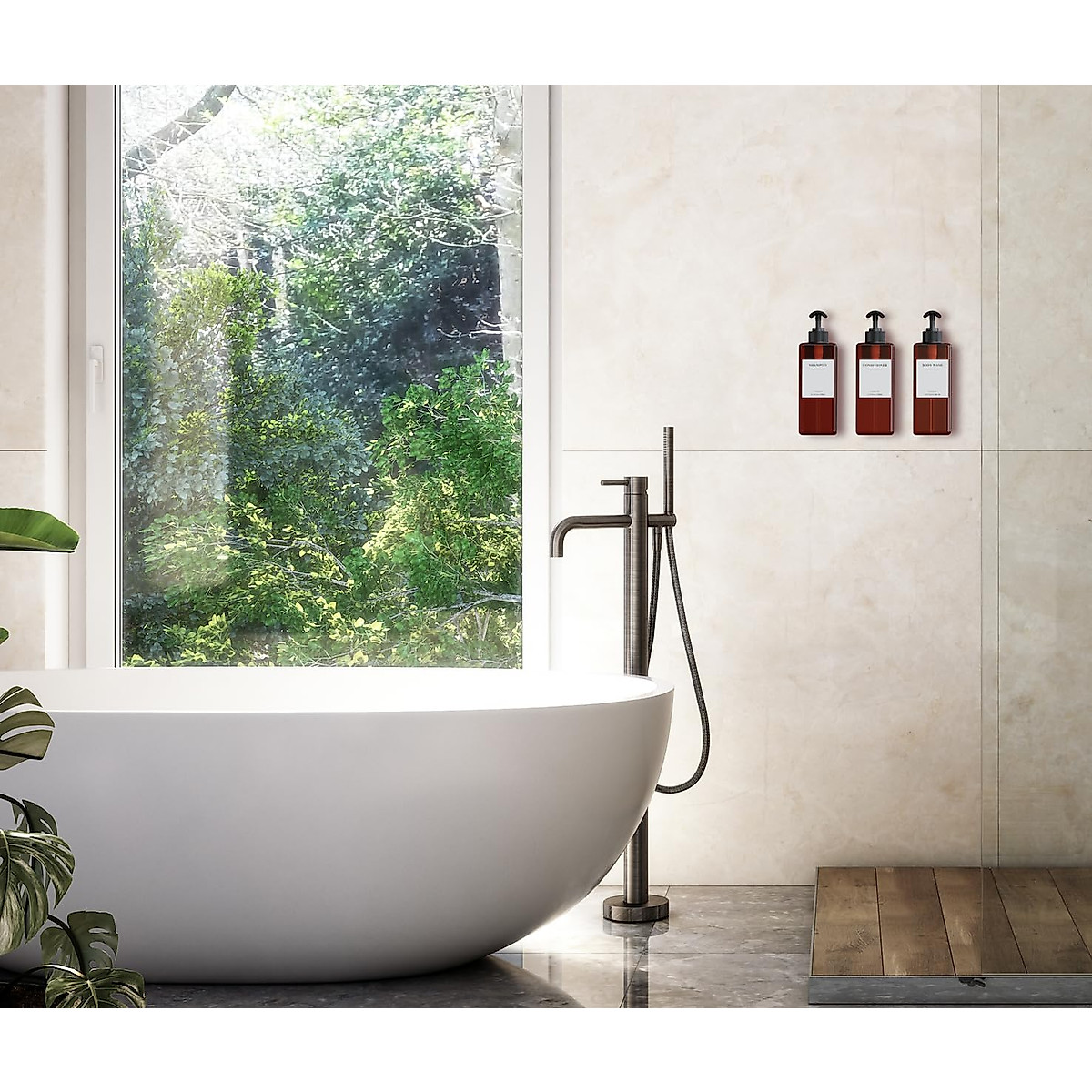 La Via Casa Shampoo and Conditioner Dispenser | 3 Plastic Amber 3 Wall Mount Black | Shampoo Dispenser with Waterproof Labels | No Drill | Shower Bottles Refillable with Pump