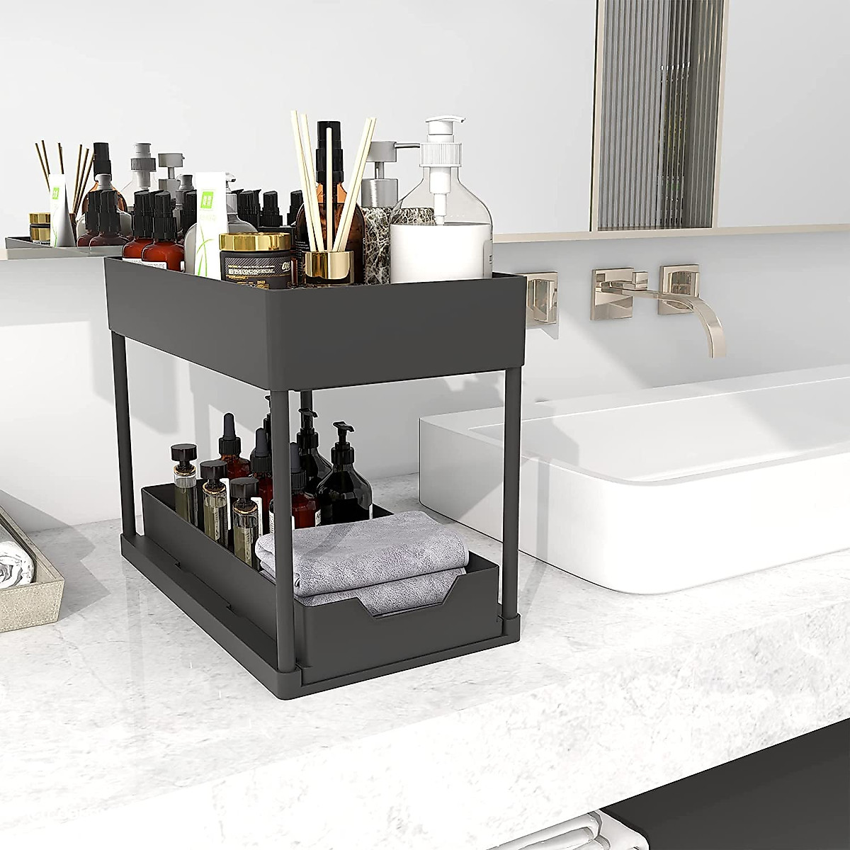 Under Sink Organizers and Storage, Under Sink Storage, 2 Tier Under bathroom Sink Organizer, Sliding Drawer Under Sink Storage for Kitchen with 4 Hooks & 1 Hanging Cup,Multi-purpose Organizer（Black）